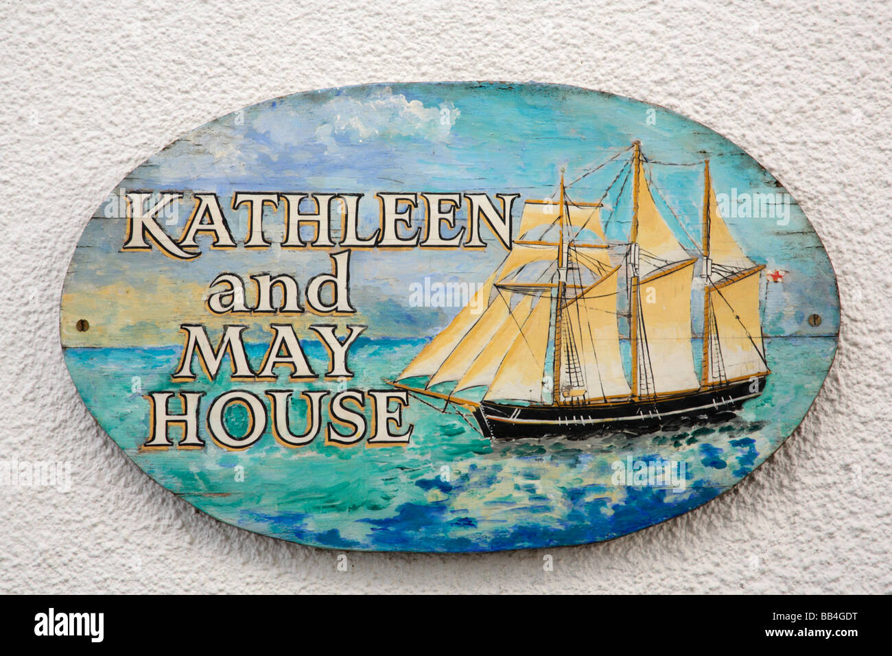 House sign depicting Kathleen and May schooner on fishermans cottage in ...