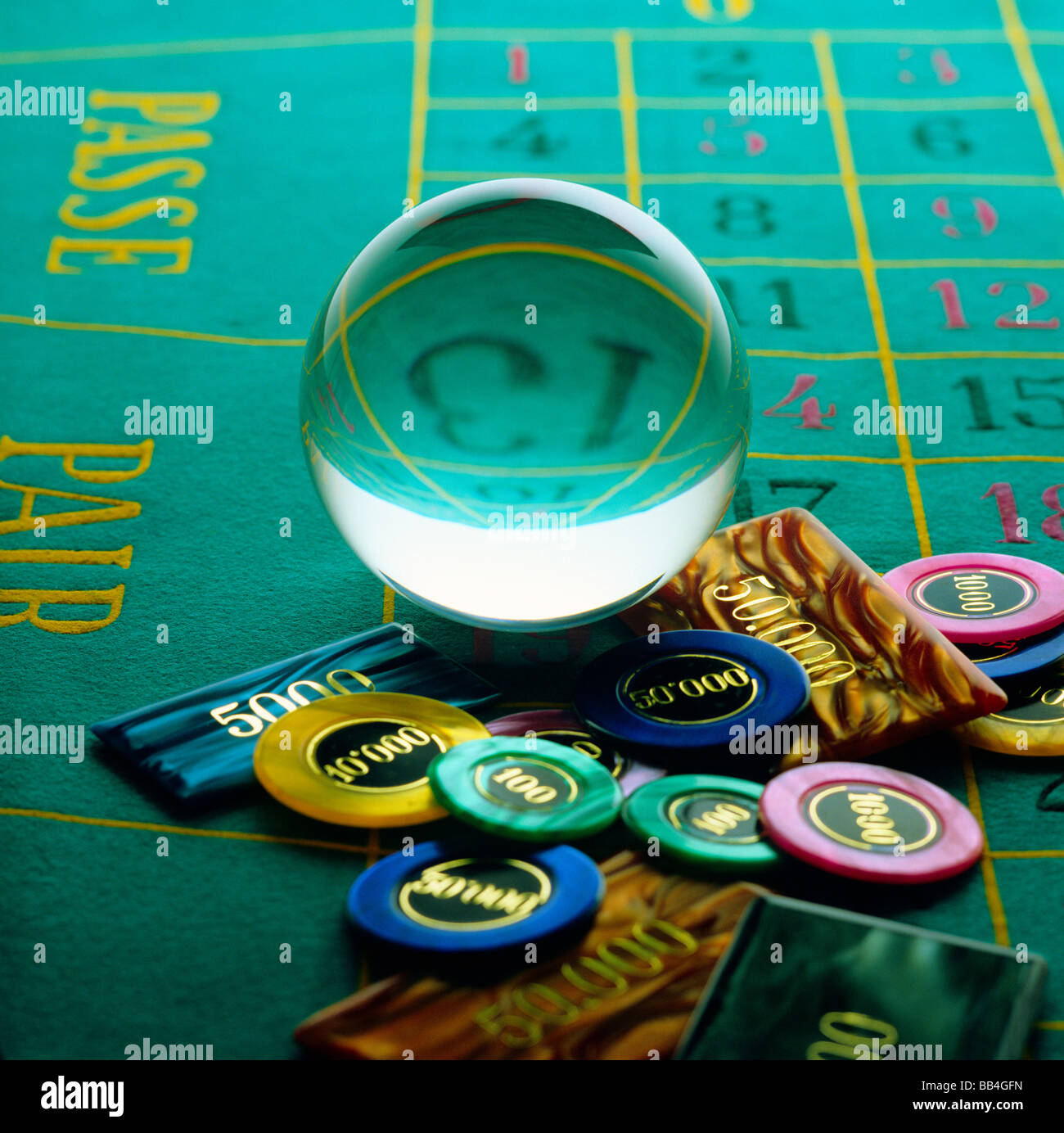 Gamblng chips and a crystal ball displaying the number 13 on a roulette ...