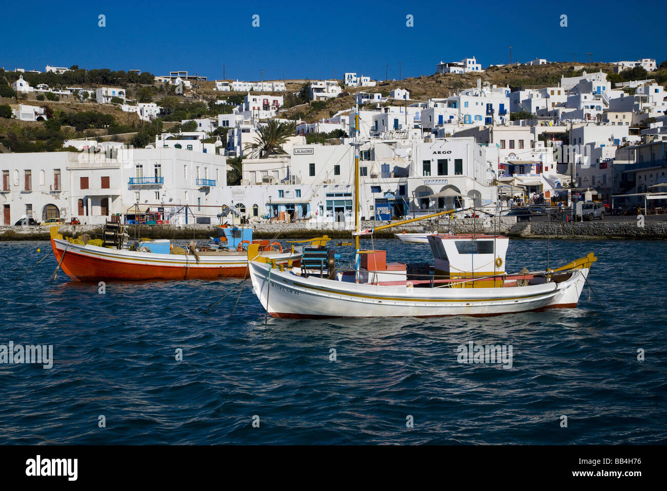 Greece and Greek Island of Mykonos and the harbor town of Hora with ...