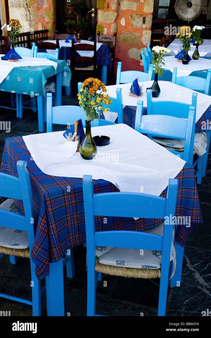 Greek Island of Crete and old town of Chania with outdoor cafe seating ...