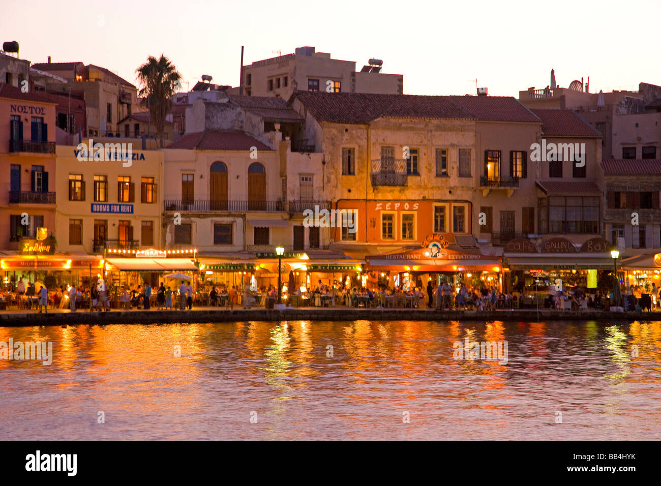 Greek Island of Crete and old town of Chania evening light along the ...