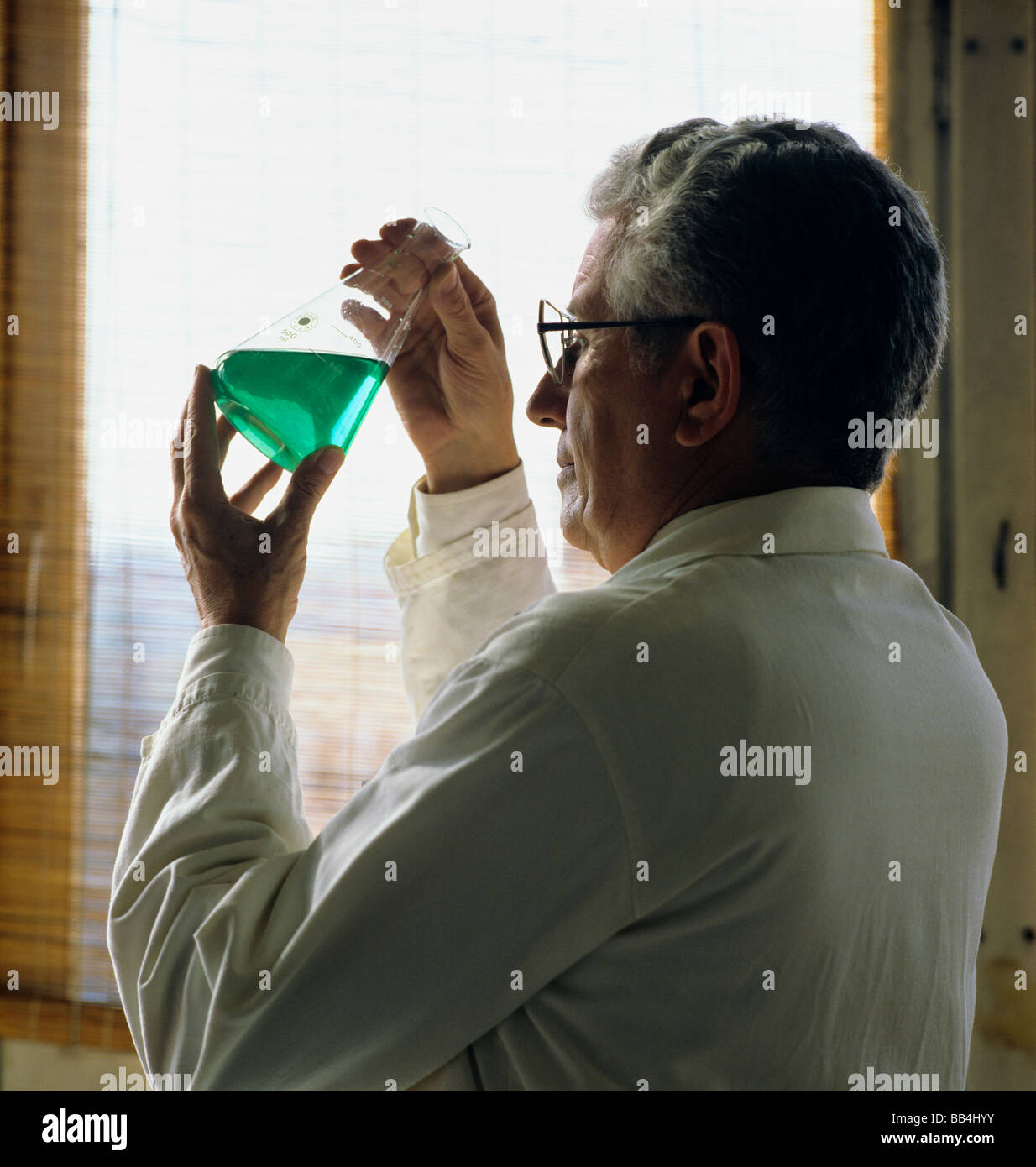 Biologist checking green liquid in beaker in front of window, France ...