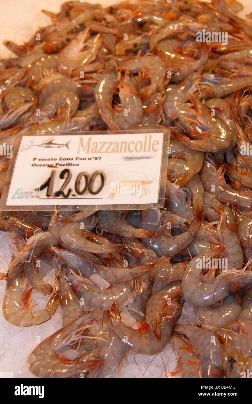 Fish and seafood prawns in fishmarket stall Campo Pescheria Venezia ...
