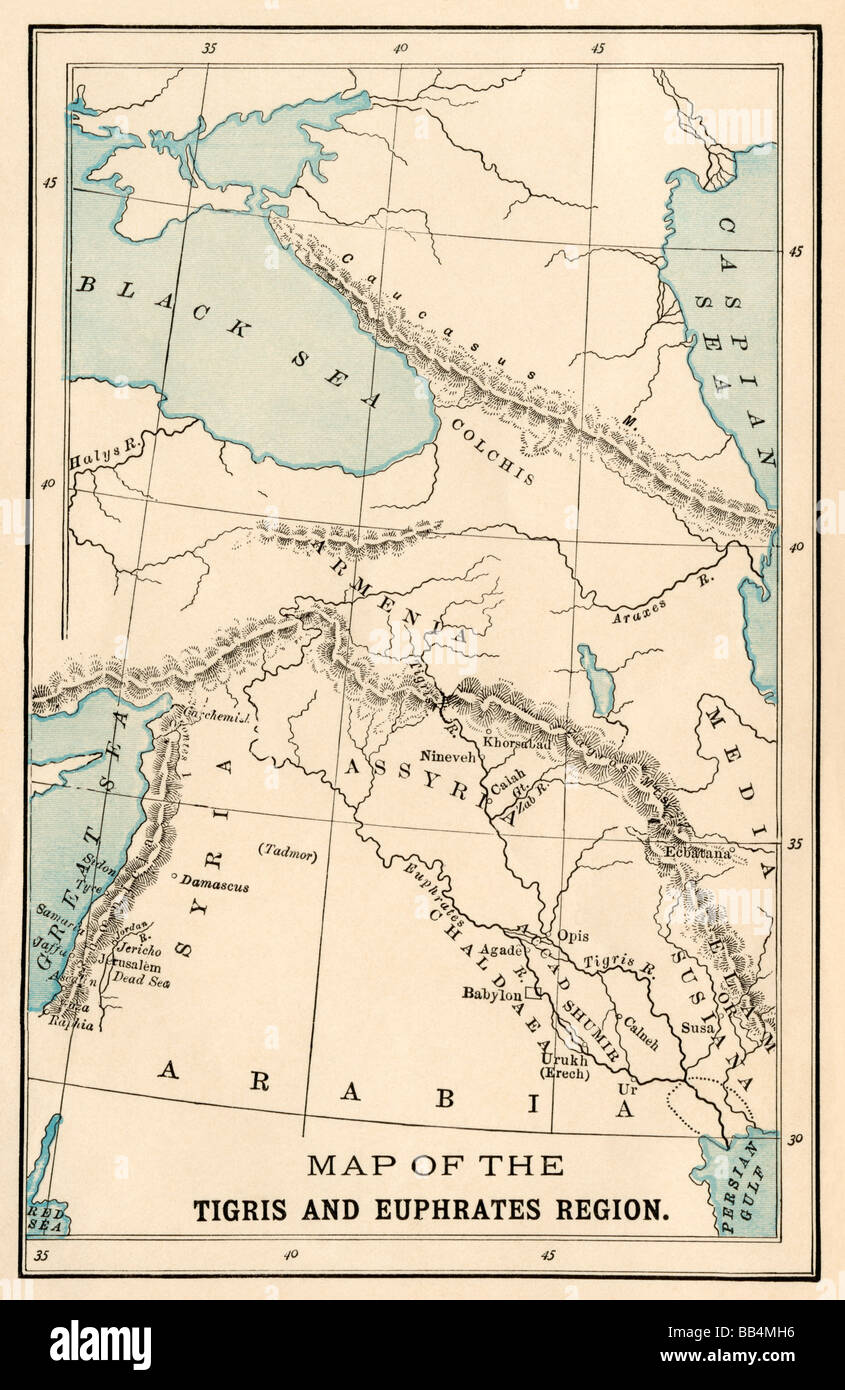 Map of the ancient Tigris and Euphrates region. Color lithograph Stock ...