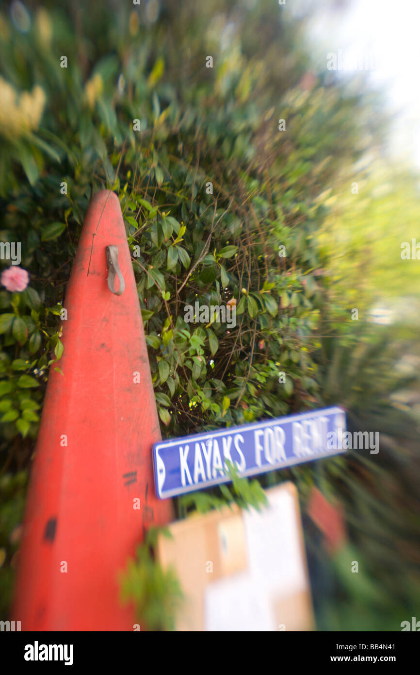 NA, USA, Washington, Seattle, Aqua Verde, Kayak and Sign for kayak ...