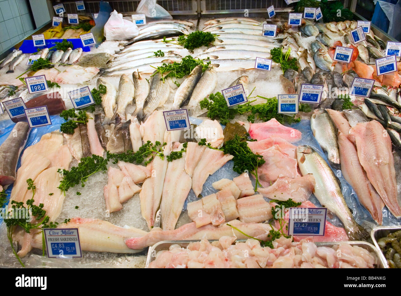 Fresh Fish on the Coventry Market Stall of Clive Miller Stock Photo - Alamy