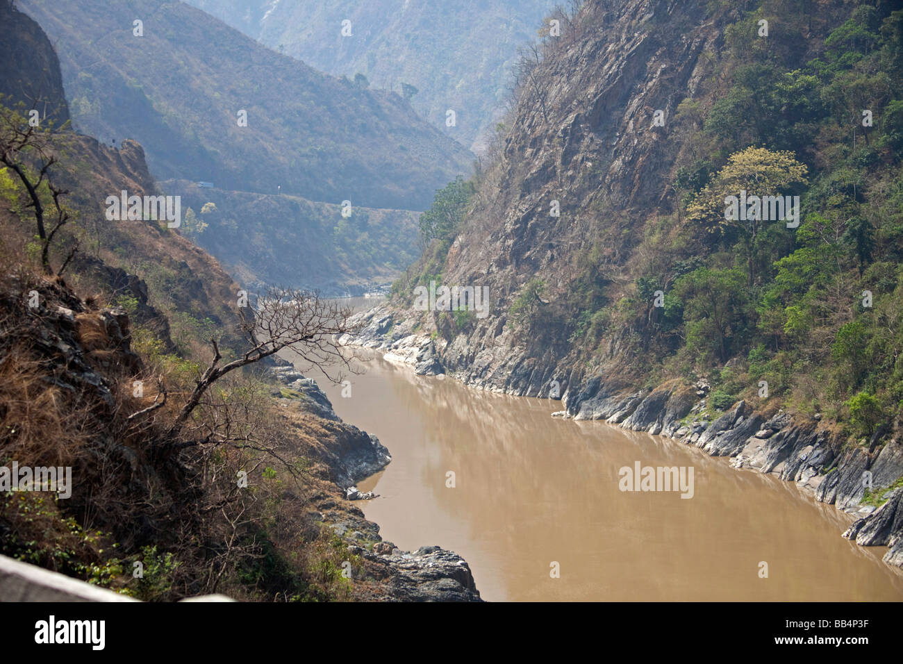 Muddy Trisuli River deep valley near Pokhara - Mugling Highway. Nepal ...