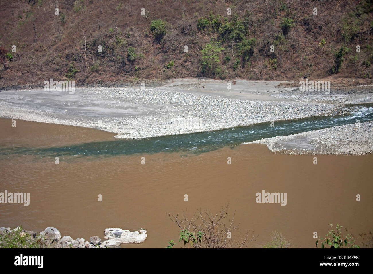 Muddy Trisuli River with "clean water" affluent from Annapurna Glacier ...