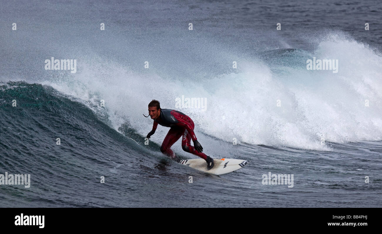 Surfer free surfing at "Brimms Ness", Thurso, Caithness, Scotland Stock ...