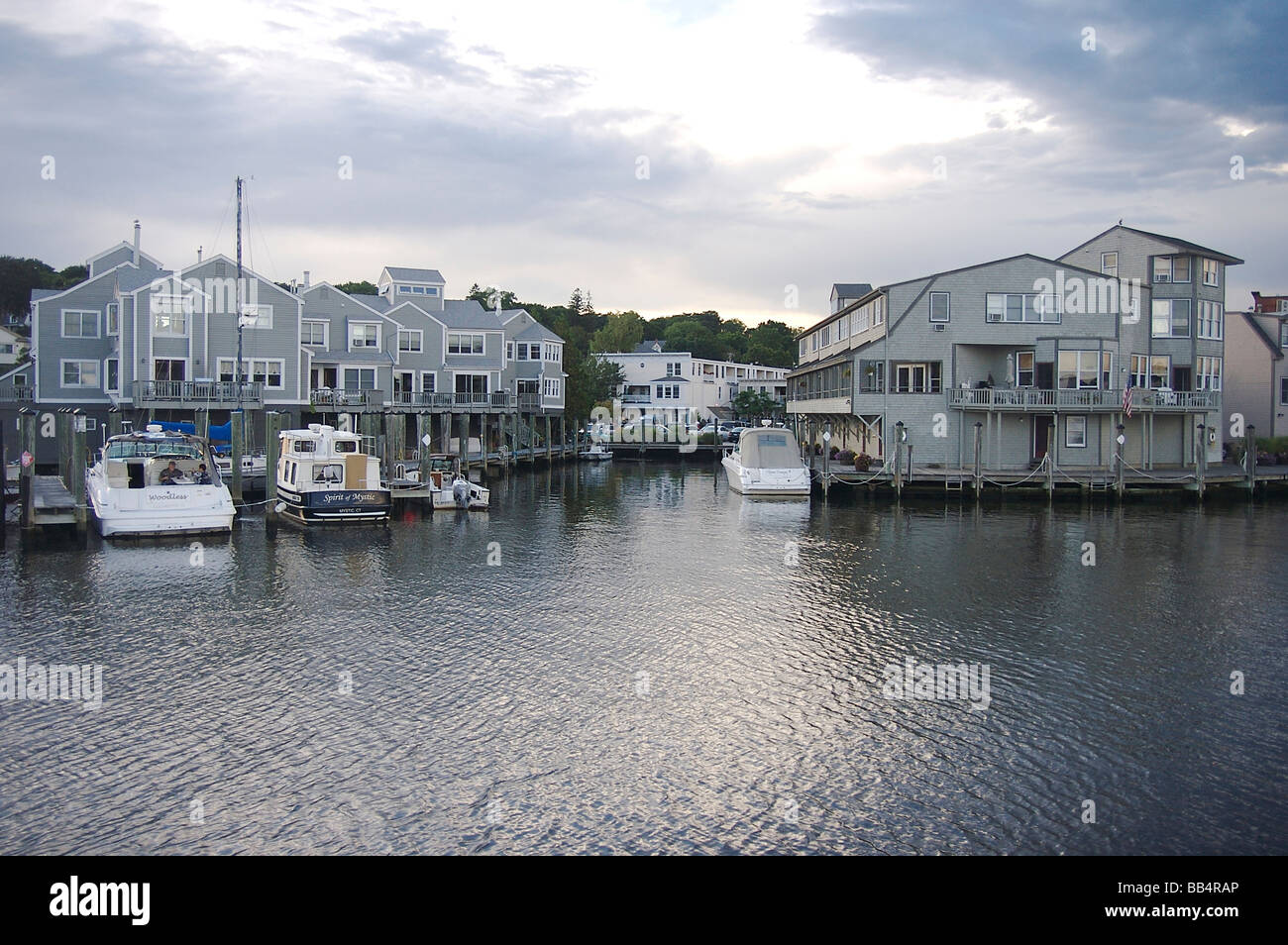North America, USA, Connecticut, Mystic. Buildings and boats on the ...