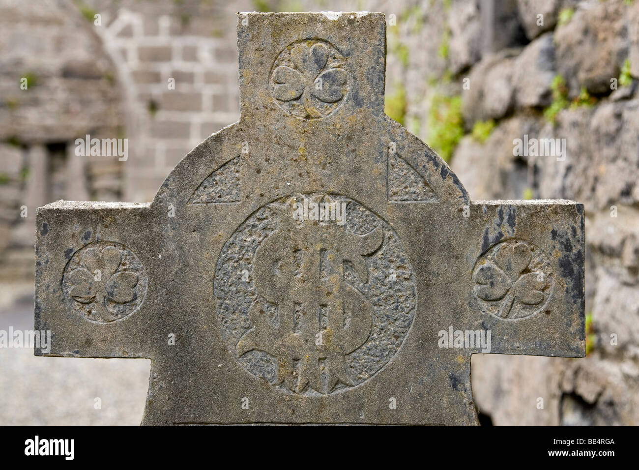 Europe, Ireland, County Mayo, Murrisk. Celtic cross detail in ruins of ...