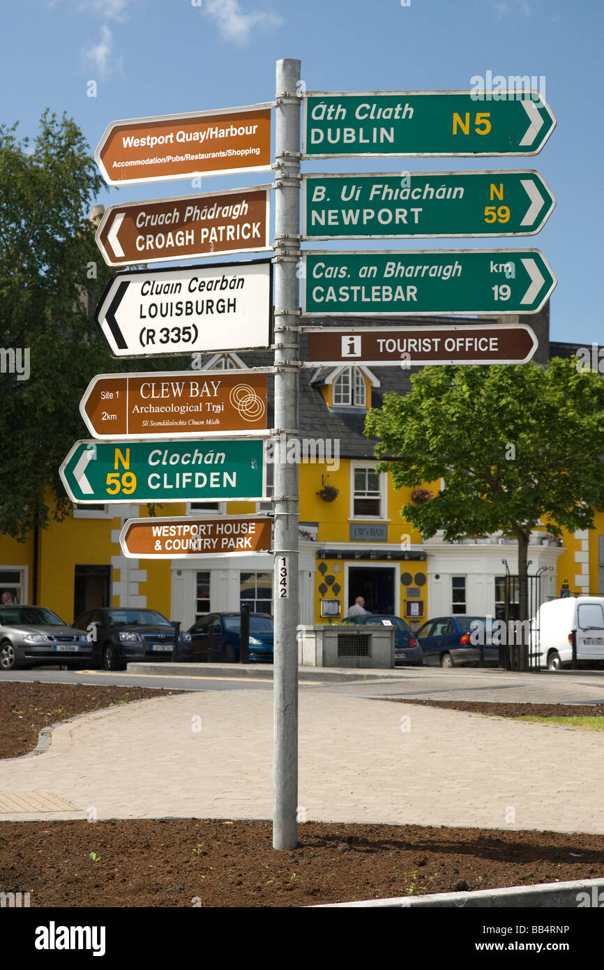 Europe, Ireland, County Mayo, Westport. One post holds distance and ...