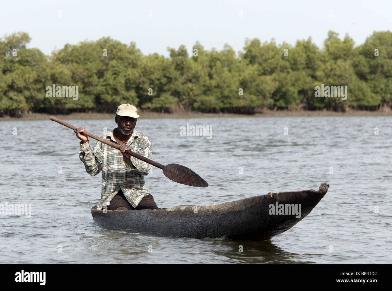 Senegal: Fisherman in his dugout canoe on the river Casamance Stock ...