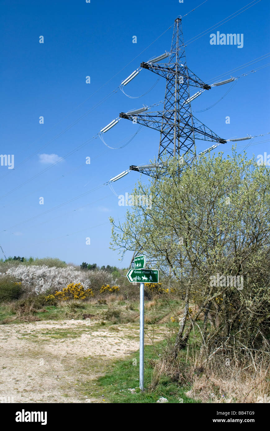 Goss Moor Trail sign and electricity pylon Stock Photo - Alamy