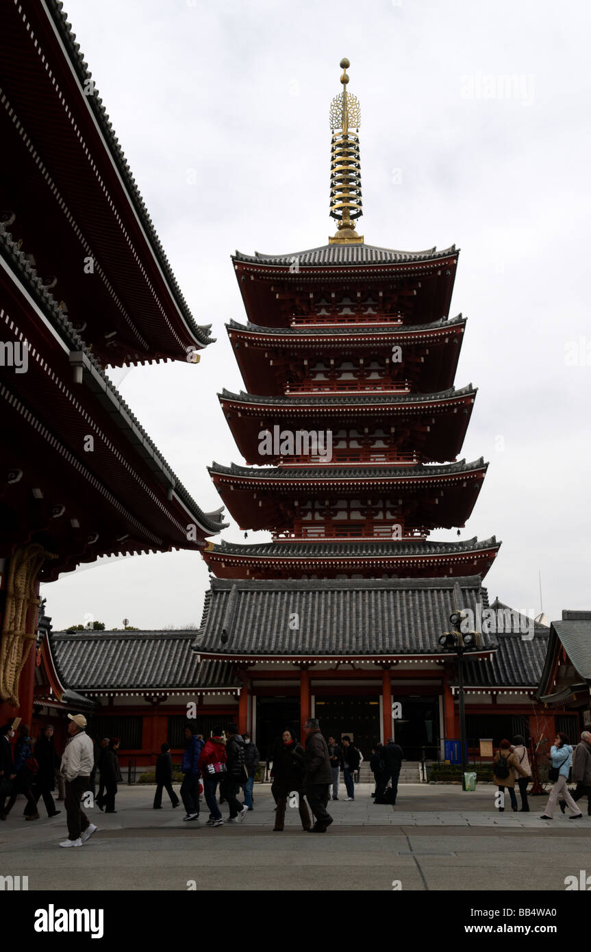 A five storey pagoda in the grounds of the Buddhist Senso-ji temple ...
