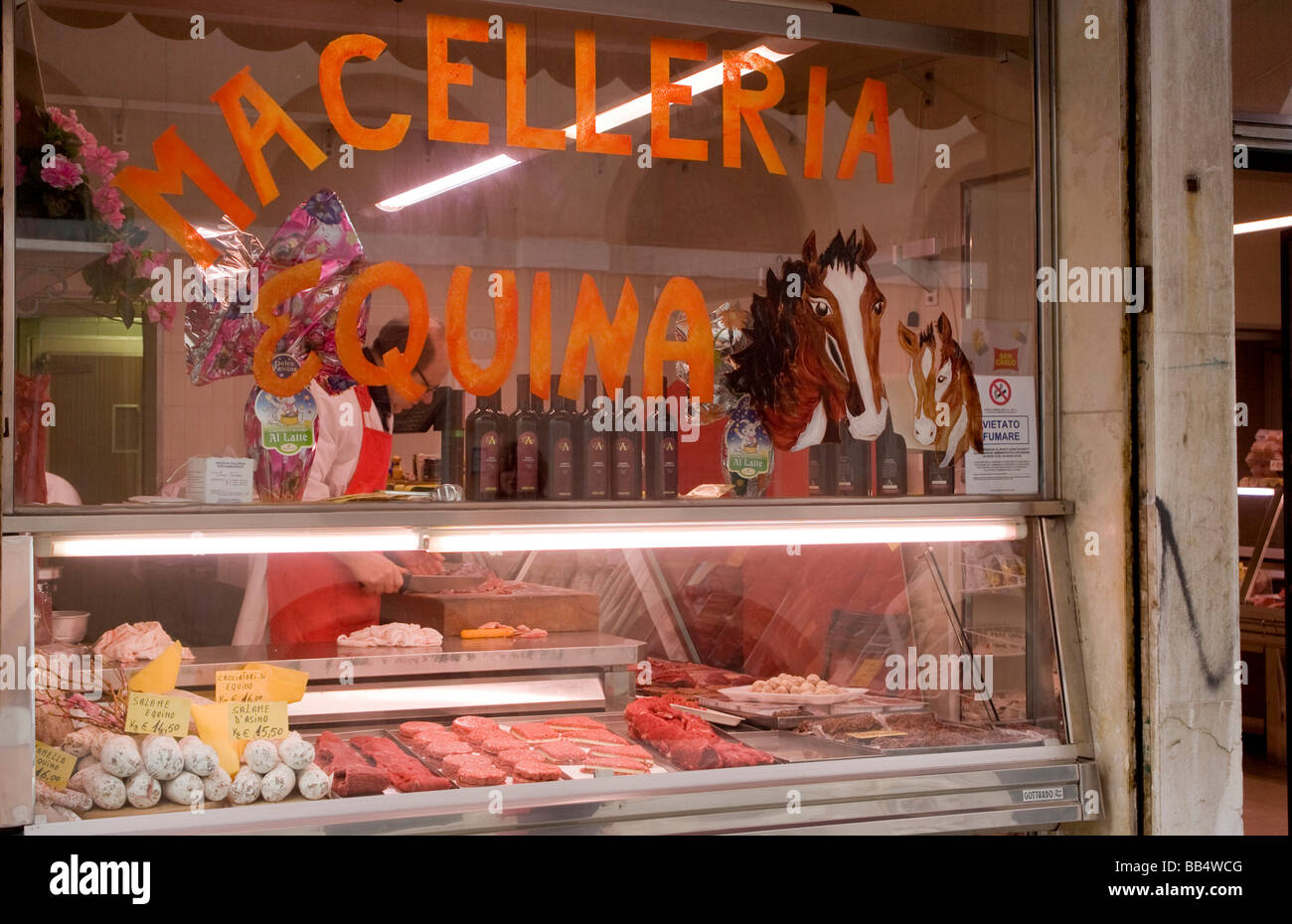 Europe, Italy, Venice. A butcher shop specializing in horse meat Stock ...