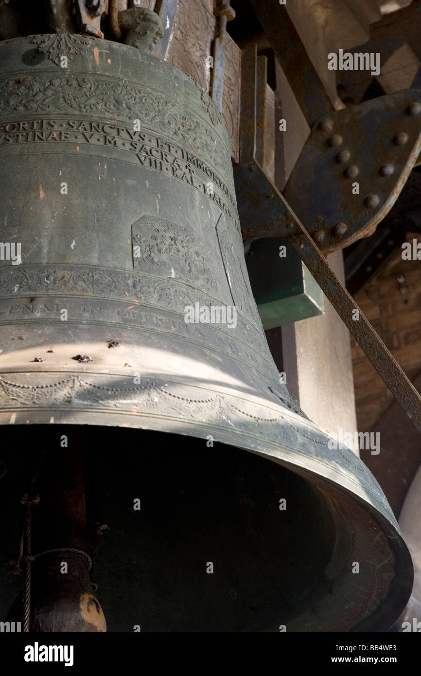 Europe, Italy, Venice. Close-up of Campanile bell with Latin ...