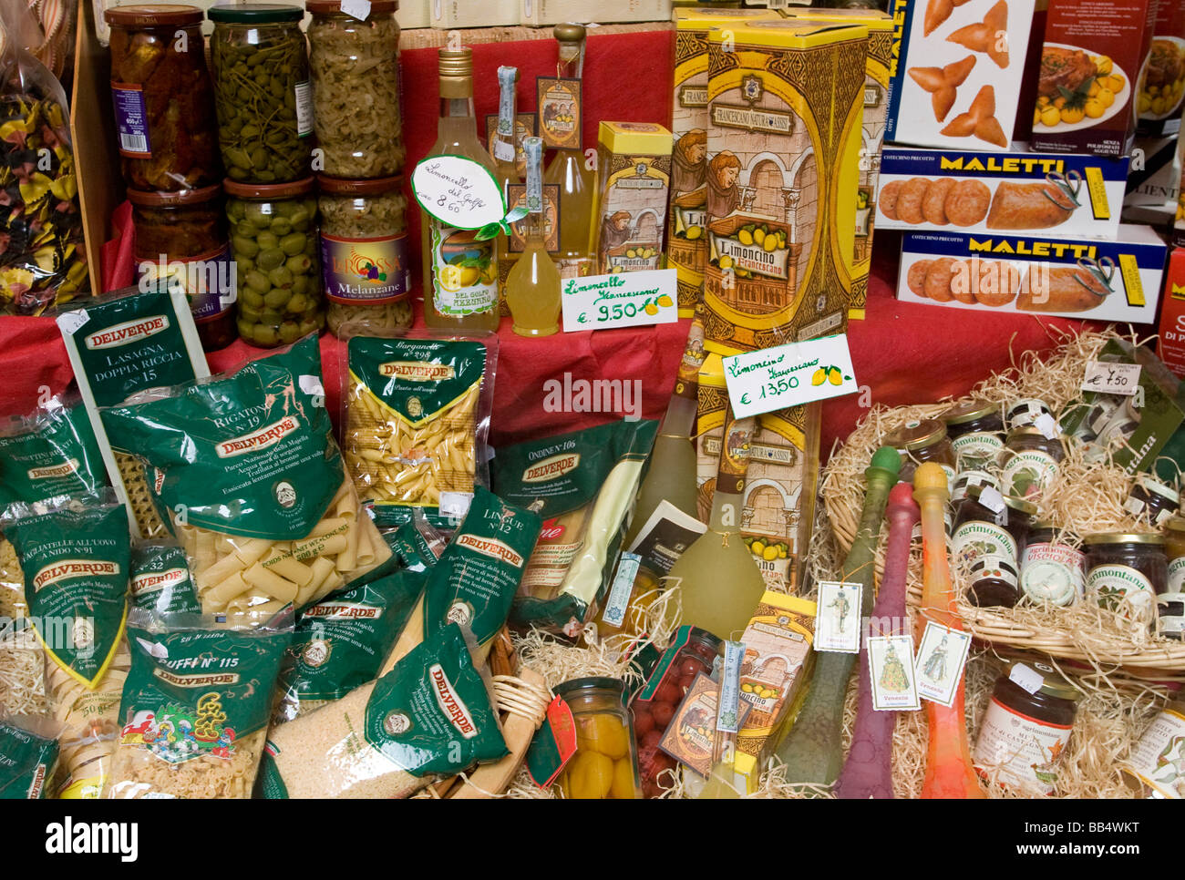Europe, Italy, Venice. Italian food products on display in a store ...