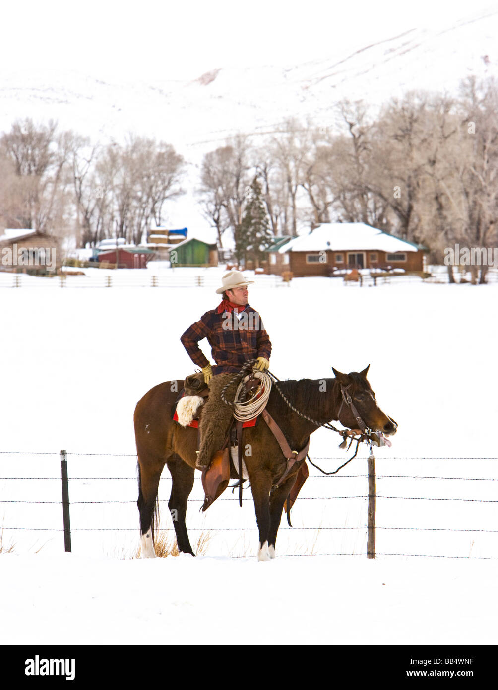 Cowboy riding a horse on the range on The Hideout Ranch in Shell ...