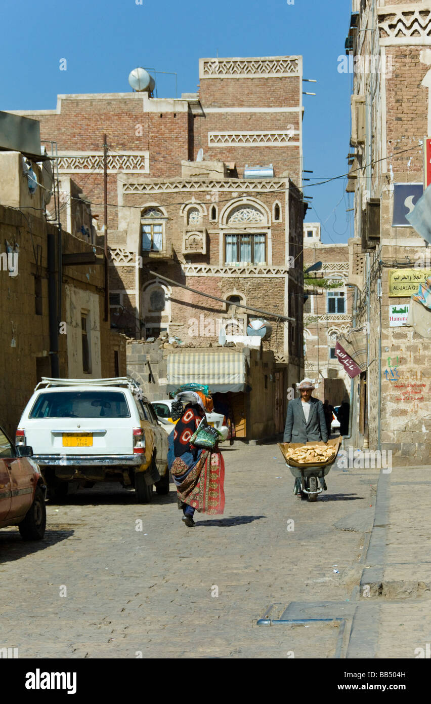 Street scene in the old town district Al Jala Quarter of Sana'a Yemen ...