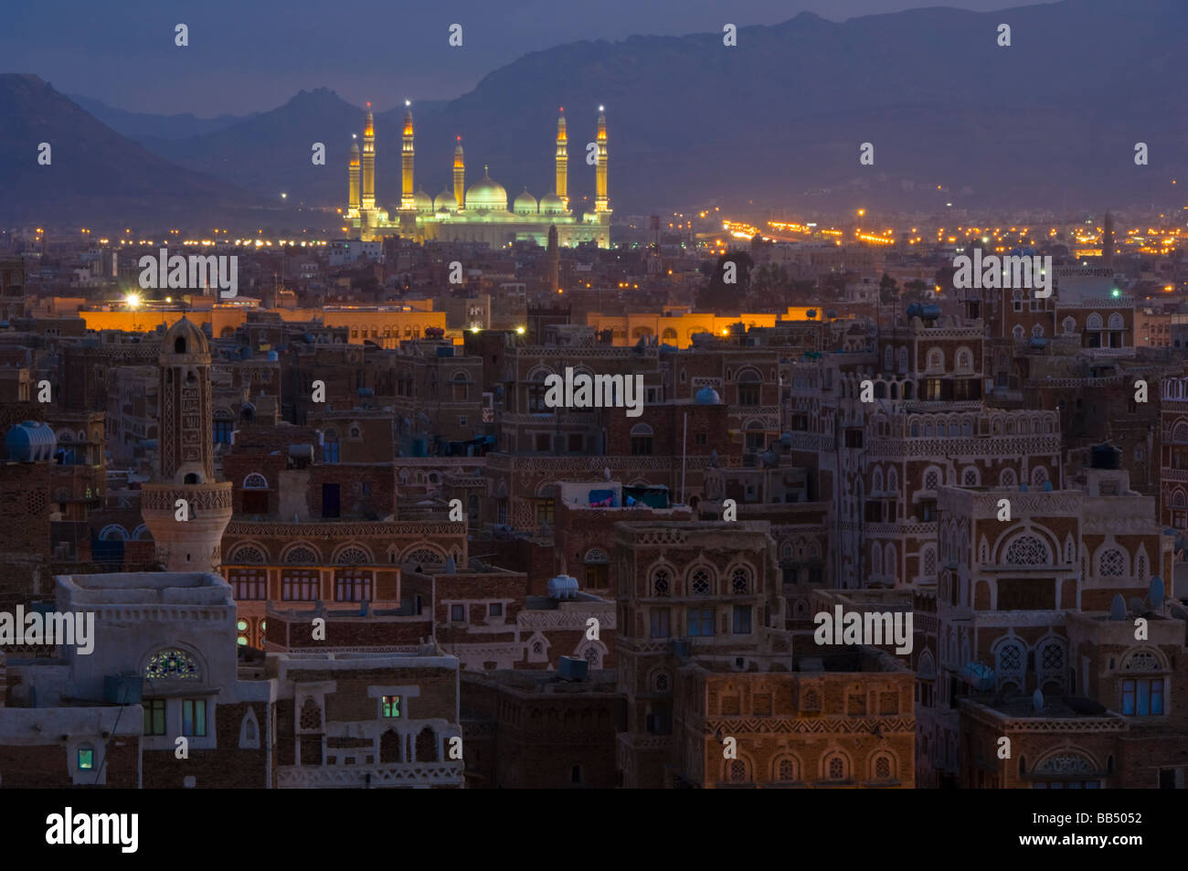 Grand Mosque and old town district of Sana'a Yemen at dusk Stock Photo ...