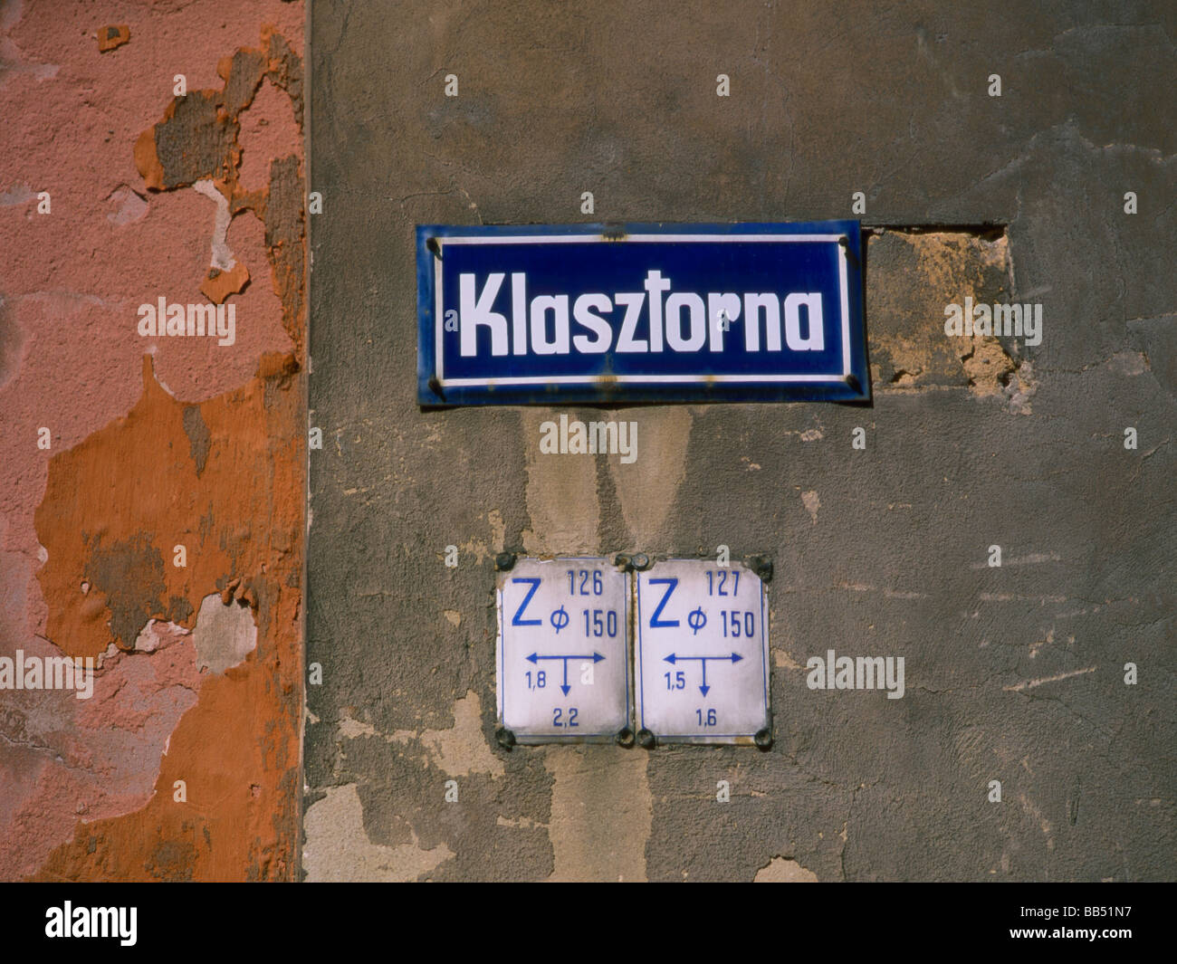 Poznan, Wielkopolska, Poland. Street sign and wall with flaking paint ...
