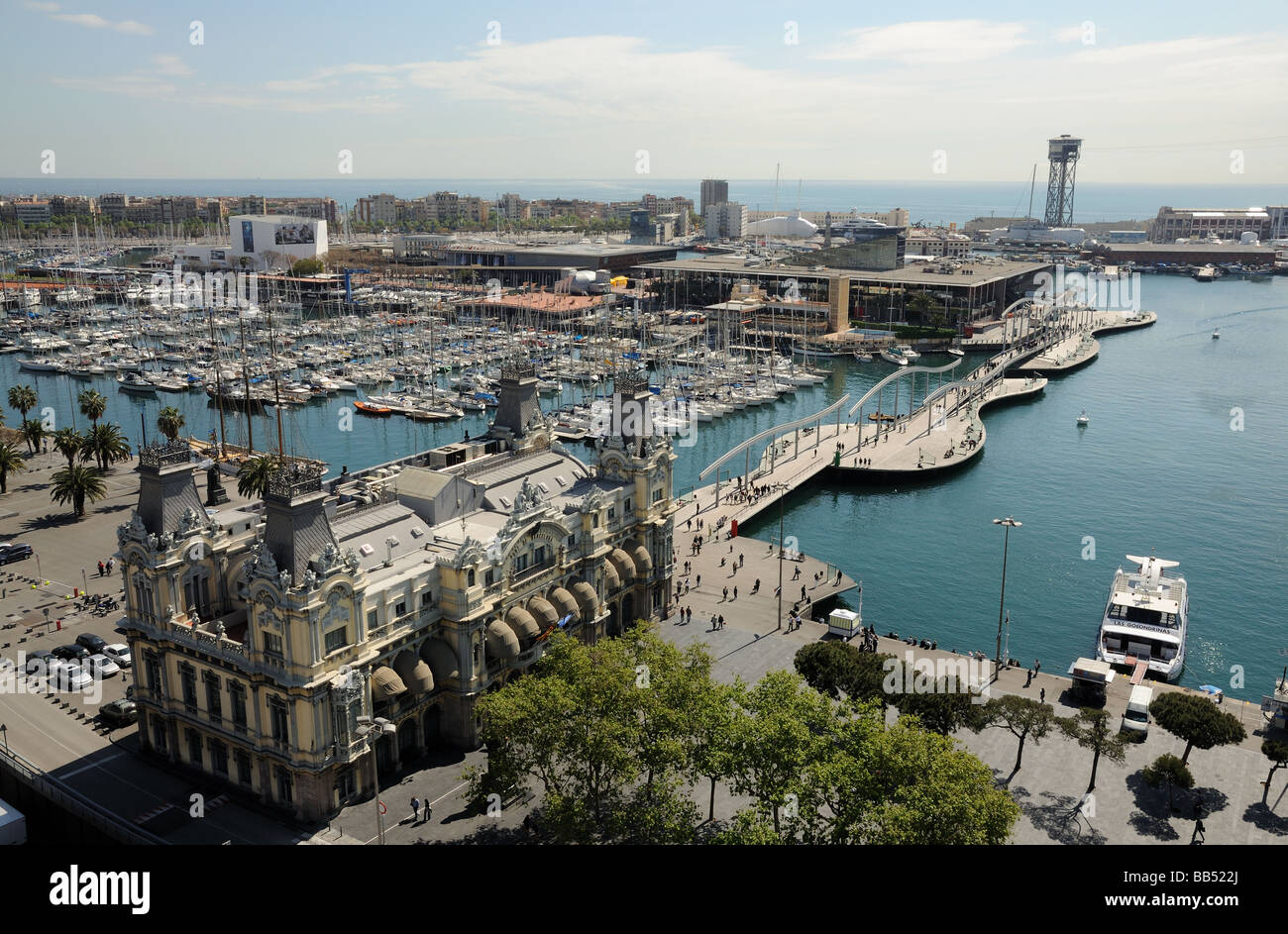 Aerial view over Port Vell - the old harbour district in Barcelona ...