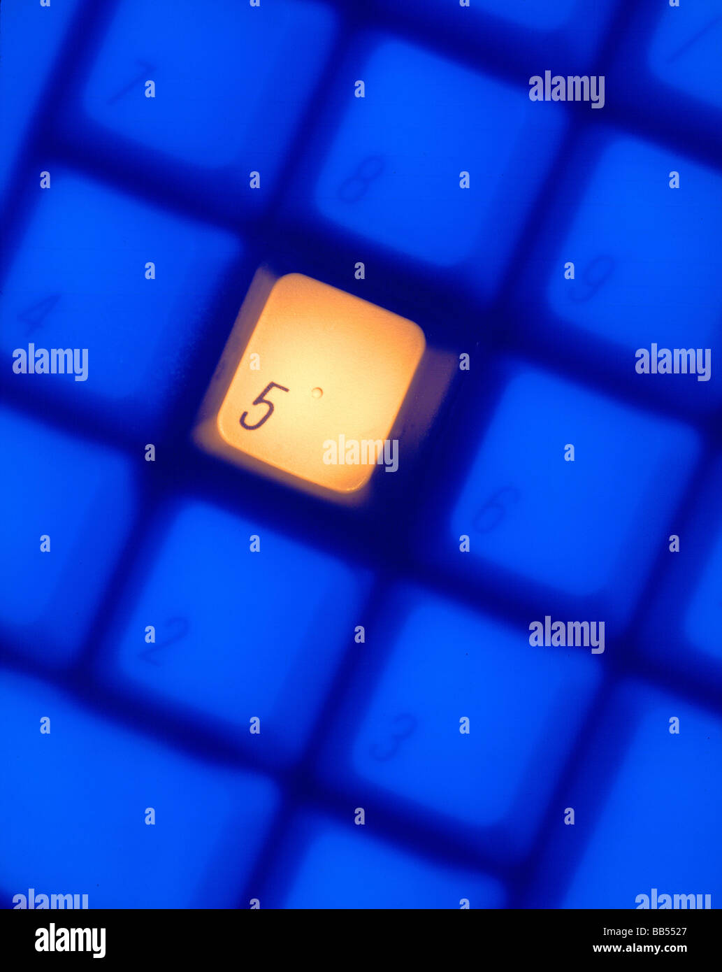 Number 5 on keyboard lit with yellow light standing out from other ...
