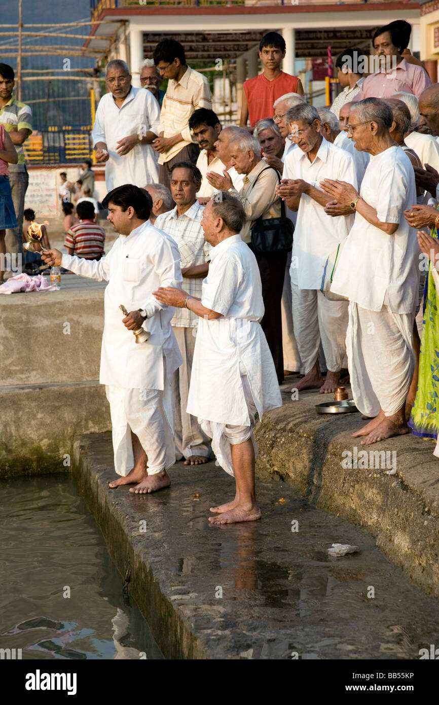 Puja ceremony. Shivanand Jhula. Ganges river. Rishikesh. Uttarakhand ...