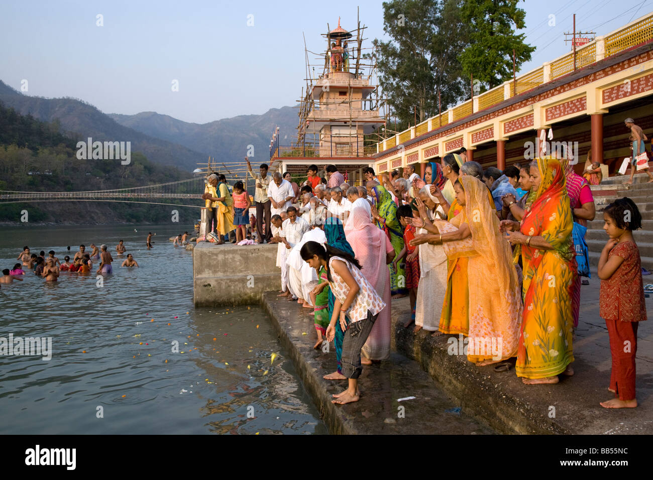 Puja ceremony. Shivanand Jhula. Ganges river. Rishikesh. Uttarakhand ...