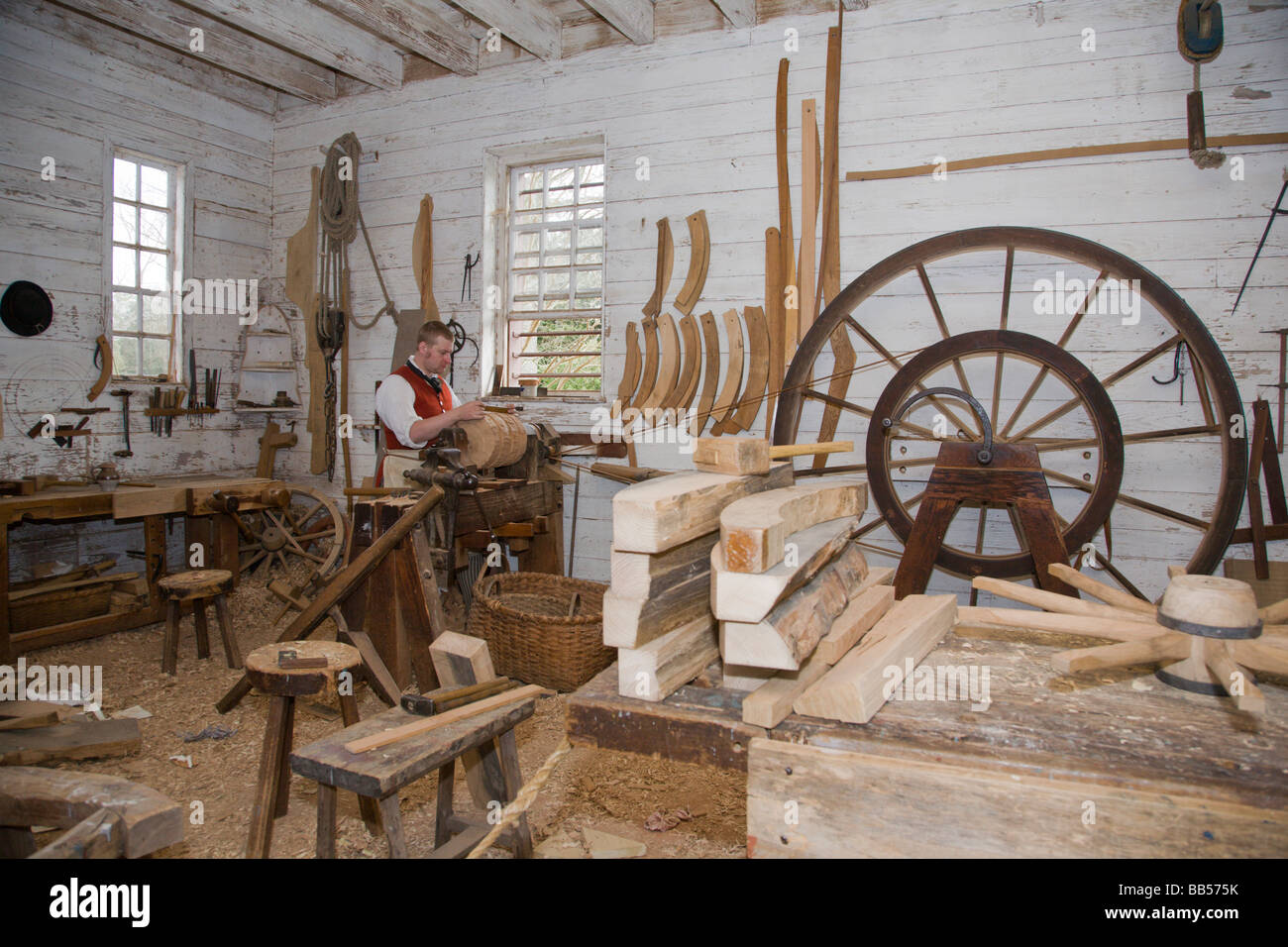 The wheelwright's workshop at Colonial Williamsburg is housed on the ...