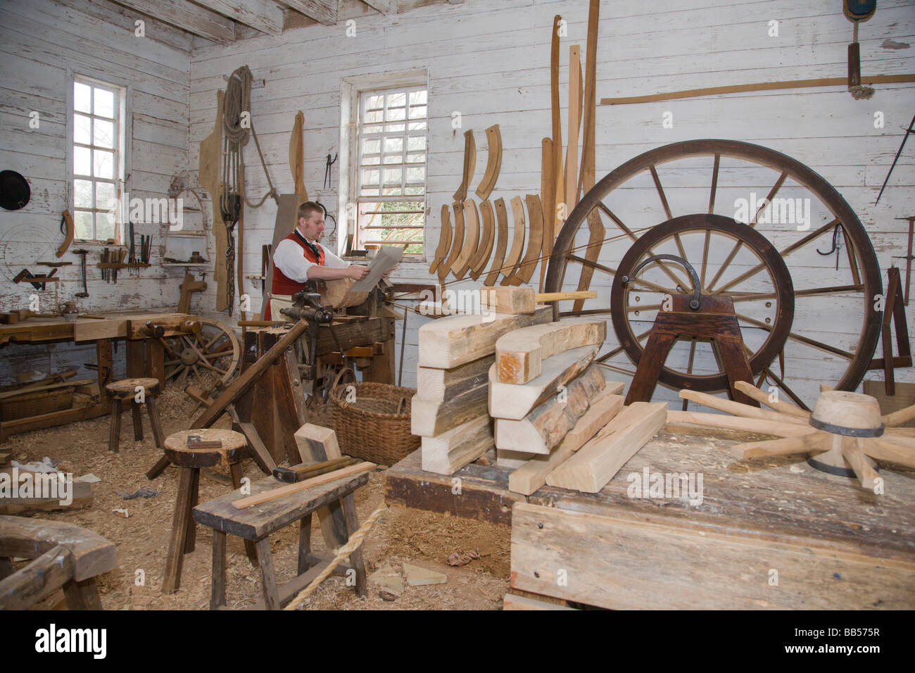 The wheelwright's workshop at Colonial Williamsburg is housed on the ...