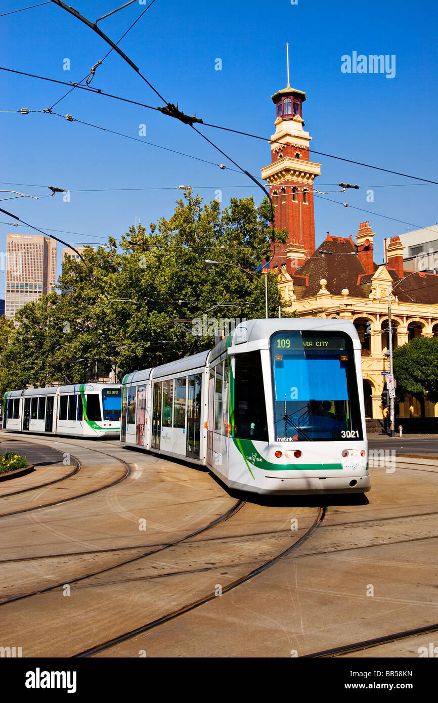 Melbourne Australia / Melbourne trams traveling along a city street in ...