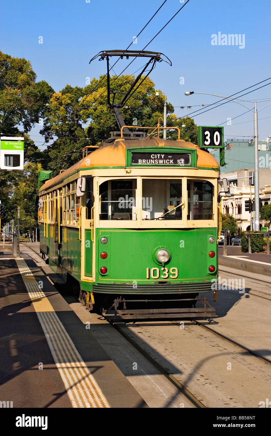 Melbourne Australia / A vintage Melbourne tram is stationery at a tram ...