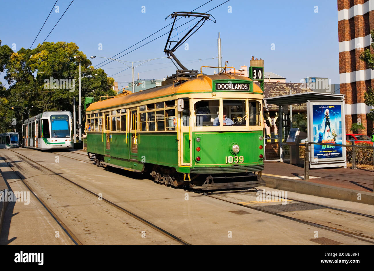 Melbourne Australia / A vintage Melbourne tram is stationary at a tram ...