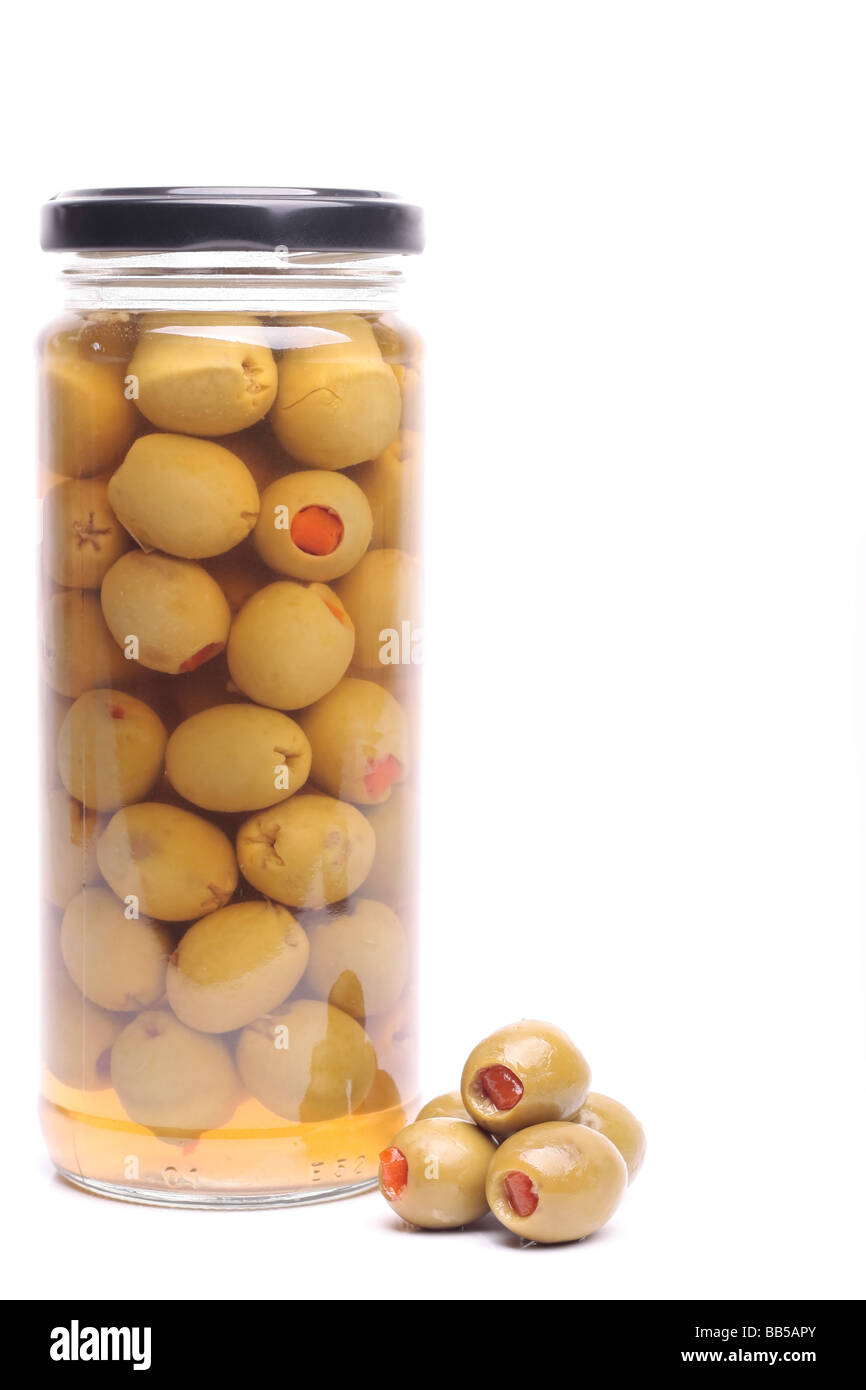Glass jar of stuffed olives isolated over white background Stock Photo ...