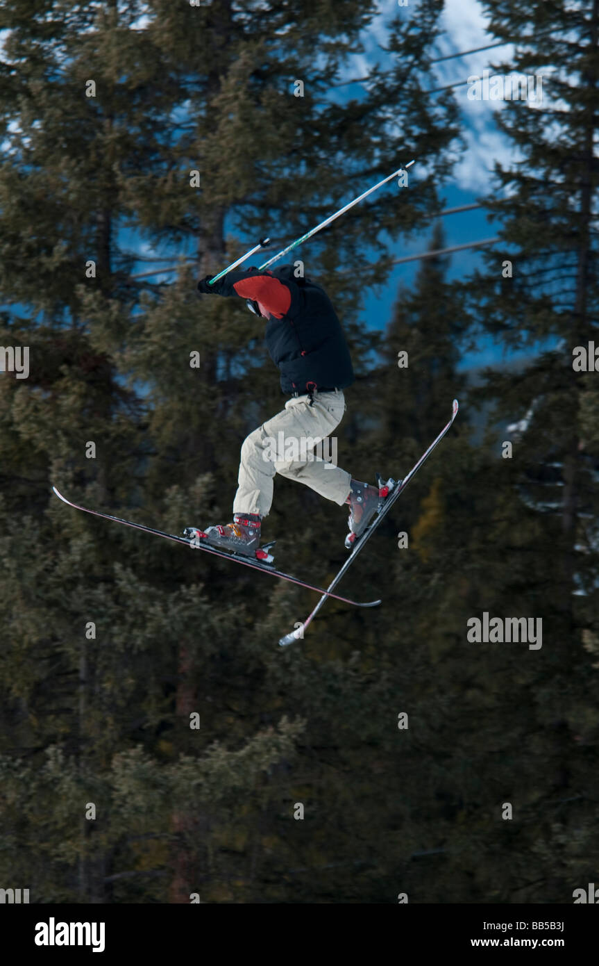 A skier caught in mid air performing an aerobatic jump at the Lake ...