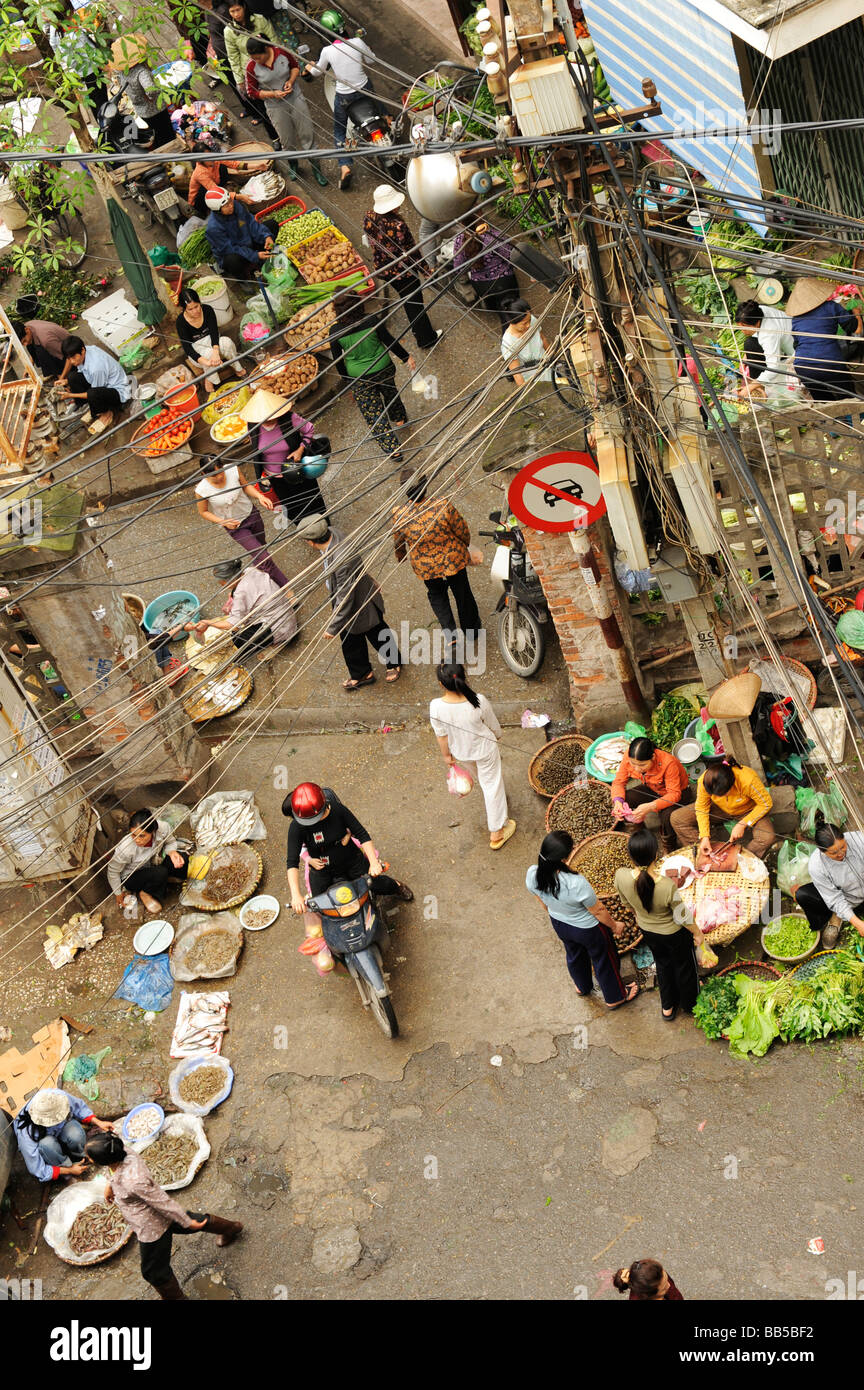 morning fresh market corner under disorder of electric wire from ...