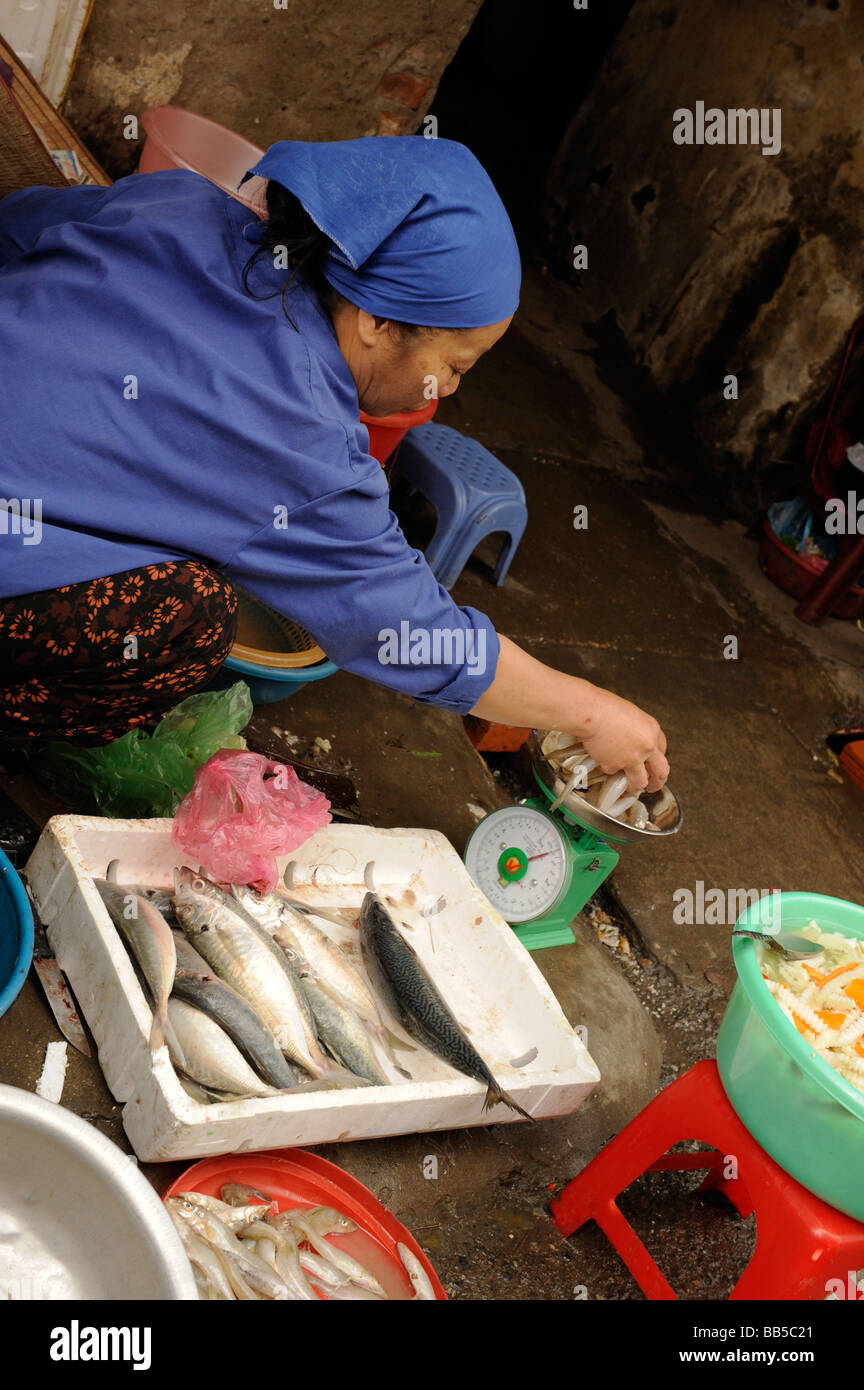 fish seller is measuring fishes on the scale morning fresh market in ...