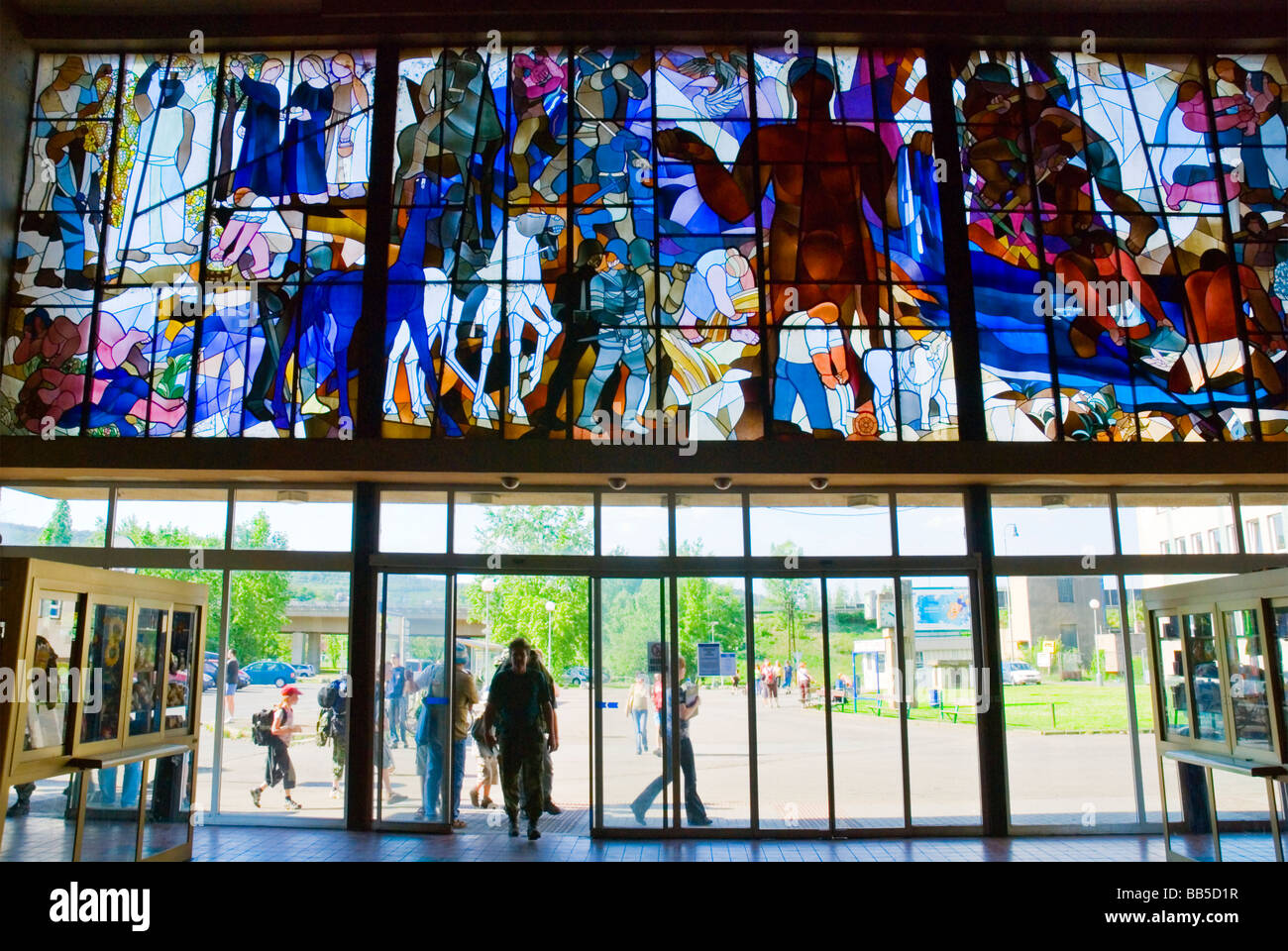 Stained glass at the railway station in Beroun Czech Republic Europe ...