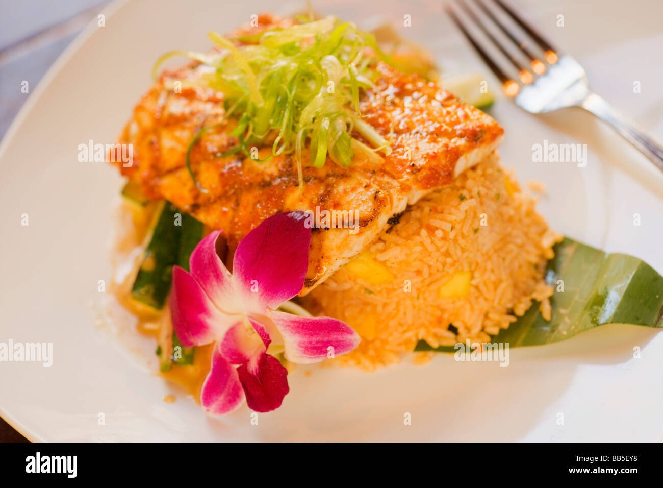 grilled ono with mango sticky rice and coconut curry sauce Watermark ...