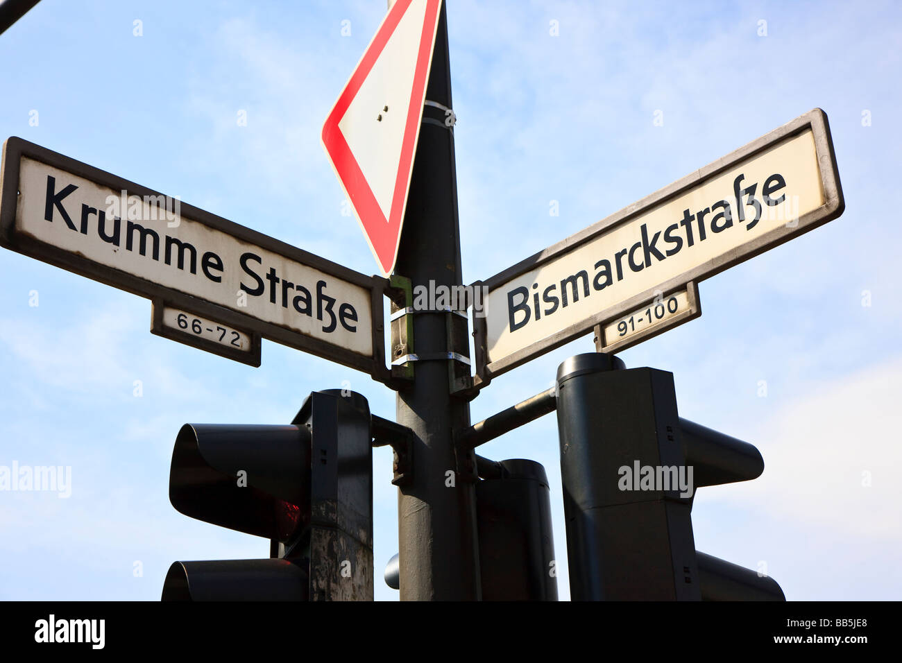 Road signs at the crossing between Krumme Straße and Bismarckstrasse in ...