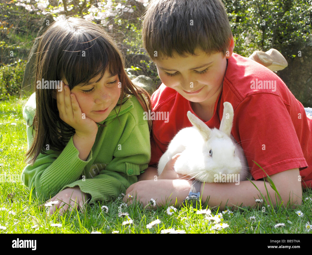 Two Childern with a Rabbit Boy Girl Stock Photo - Alamy