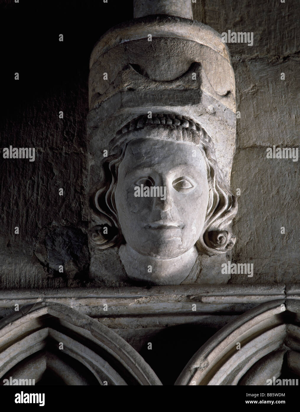 Durham Cathedral carved head detail north wall of choir Stock Photo - Alamy