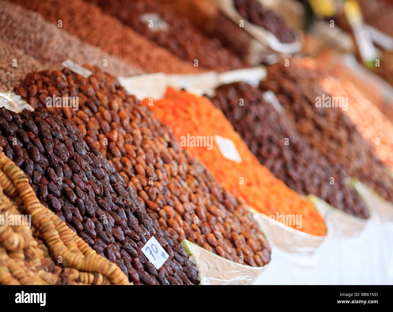 Dried figs, apricots and dates on display in the stalls at Djemaa El ...