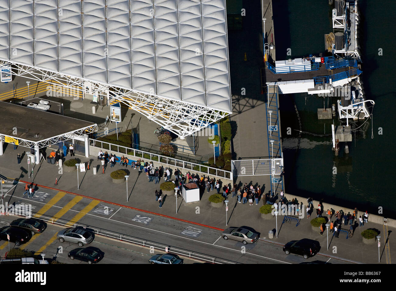 aerial view above commuters Lakspur California ferry to San Francisco ...