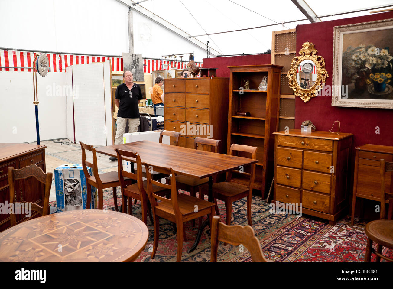 Antique seller's booth at the antique market in Neuchatel Switzerland ...