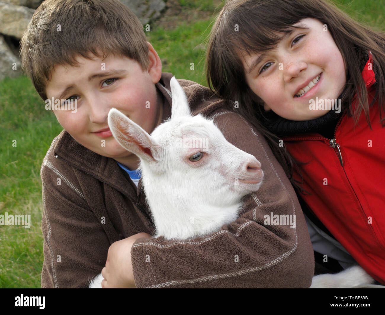 Boy and girl hugging goat in grass Stock Photo - Alamy