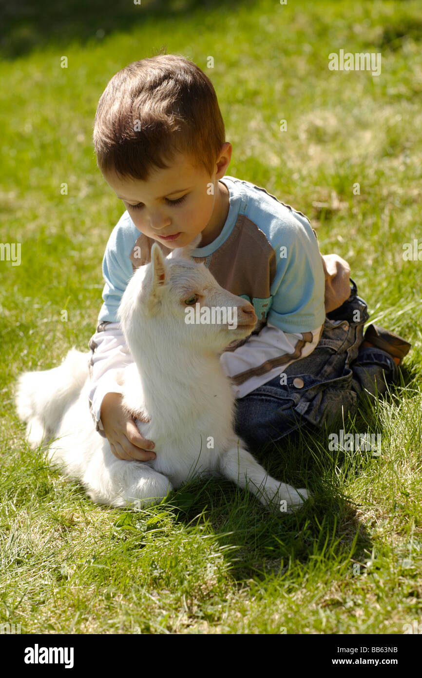 Boy hugging goat in grass Stock Photo - Alamy