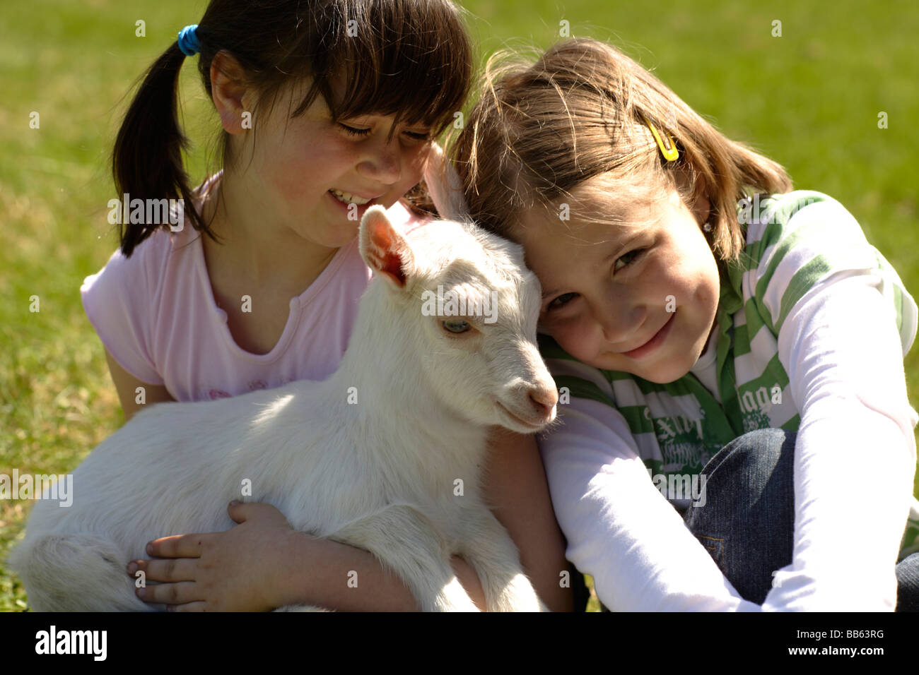 Girls hugging goats in grass Stock Photo - Alamy